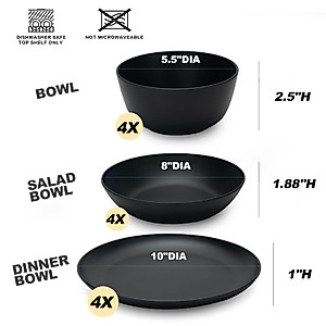 LEHAHA Bamboo Fiber Melamine Dinnerware Sets, Black Kitchen Plates and Bowls Sets, Unbreakable Dishes Set for 4, Eco-friendly Lightweight 12 Piece Dinnerware Sets for Parties & Camping