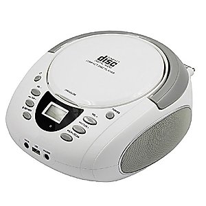 LONPOO Portable Boombox - CD Player, Bluetooth, USB, MP3, AUX, FM Radio, Portable, Built-in Stereo Speakers, Carrying Handle, LCD Display, White