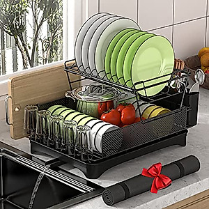 SUPPNEED Dish Drying Rack with Drainboard, 2 Tier Dish Drainer for Kitchen Counter, Utensil Holder, Cutting Board Holder and Extra Dryer Mat, Sink Dish Strainer, Black
