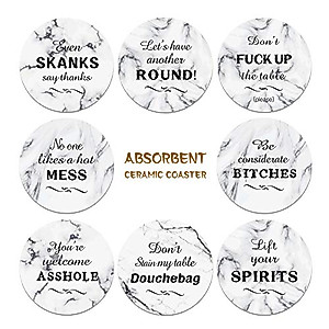 Teivio 8 Piece Coaster for Drinks Absorbing Stone Coasters Set Cork Base, Metal Holder, Marble Funny Style, Birthday Housewarming Gifts, Apartment Kitchen Room Bar Décor (White)