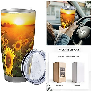 Sunflower Field Sunset Tumbler with Lid and Straw 20oz Stainless Steel Car Cup for Hot and Cold Drinks, Double Wall Insulated Travel Coffee Mug Reusable Drink Thermos Cup Birthday Gifts