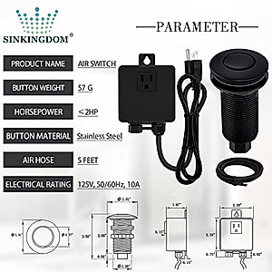SINKINGDOM Garbage Disposal SinkTop Air Switch Kit with Long Button,Brass Made Cover,UL,Matte Black