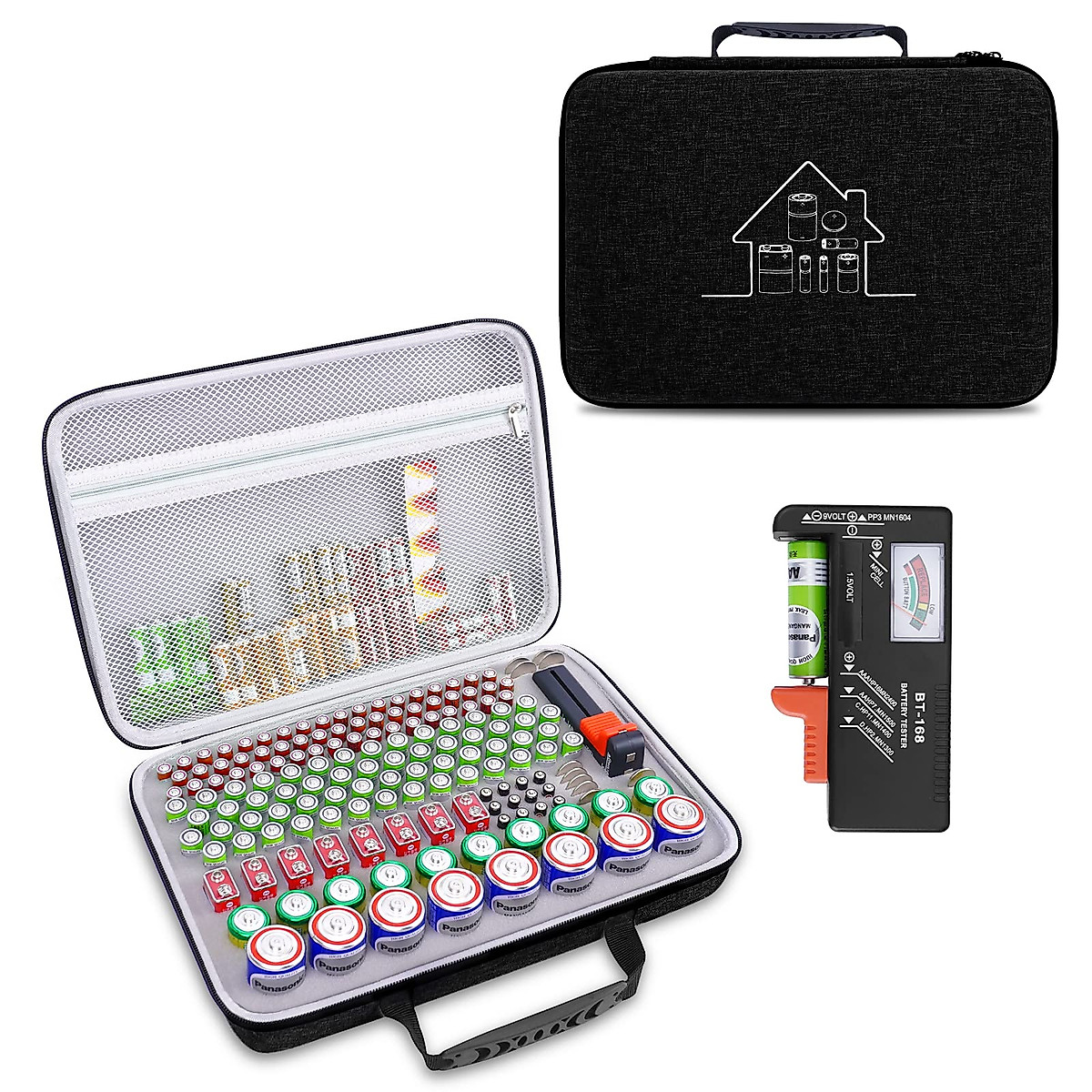 HESPLUS Battery Organizer Storage Case, Battery Box Holder Carrying Bag Holds 210+ AA AAA C D 9V 3V Lithium LR44 CR2 CR1632 CR2032 Coin Cell Battery with Battery Tester BT-168(CASE ONLY！) - Black
