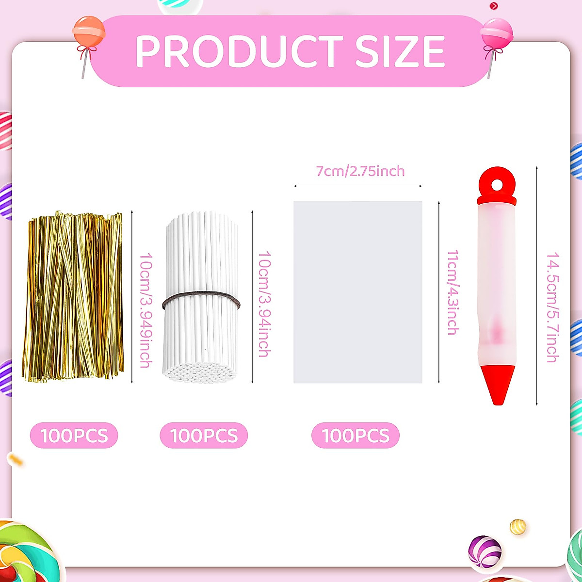 Cake Pop Kit, Including 100 Cake Pop Sticks and Wrappers, 100 Twist Ties, 1 Cake Pop Scooper and Decorating Pen, Cake Pops Making Tools for Lollipop, Candies, Chocolates and Cookies,red