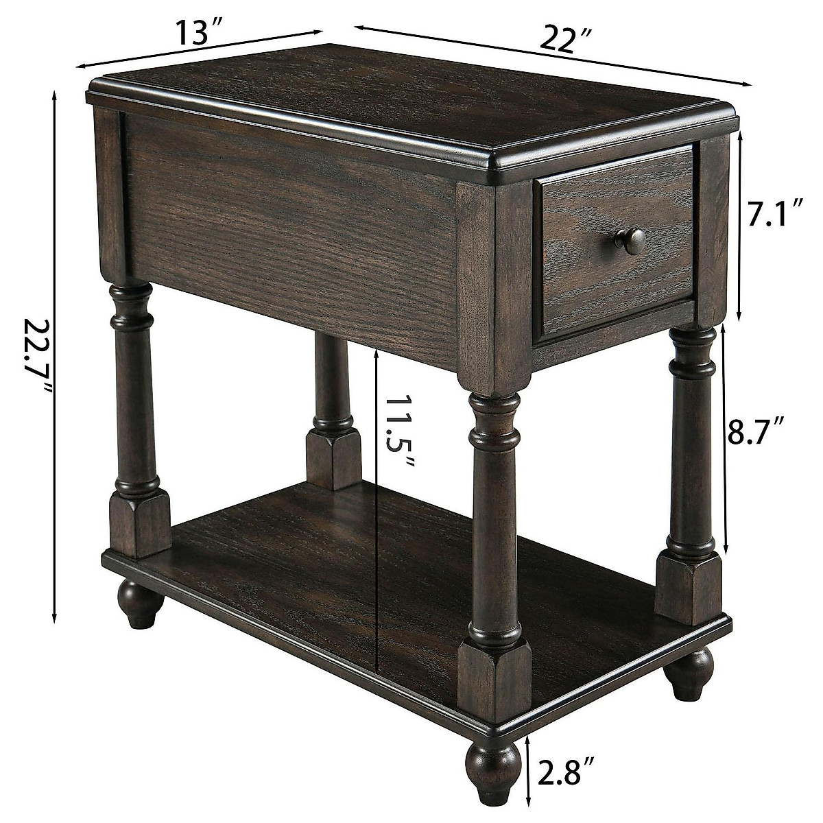 LEEMTORIG Narrow End Table with Drawer, Solid Wood 2 Tier End Side Table with Storage Shelves, Slim Nightstand for Small Spaces, Living Room, Bedroom, Easy Assembly, Rustic Black BBJ-004-BK