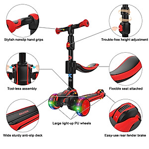 Allek 2-in-1 Kids Kick Scooter D01, Anti Skid 3 Wheel Light Up Push Scooter with Height Adjustable and Removable Seat for Boys Girls 3-12yrs (Dual Color Red-Black)