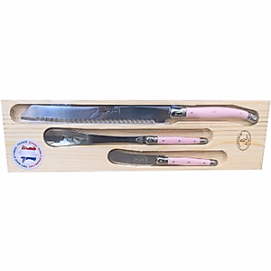 Jean Dubost 3 Piece Breakfast Set, Pink, a long jam spoon, a bread knife, a cheese spreader