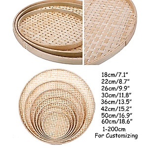 100% Handwoven Flat Wicker Round Fruit Basket Woven Food Storage Weaved Shallow Tray Organizer Holder Bowl Decorative Rack Display Kids DIY Drawing Board (Sqaure Hollow-Bamboo White, 18cm/7")
