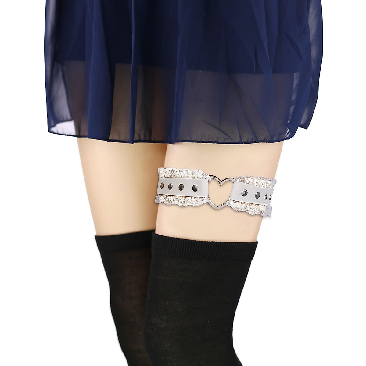 alisikee 2Pcs Adjustable Lace Heart-Shaped Thigh Garter, Elastic Leg Garters for Women, White