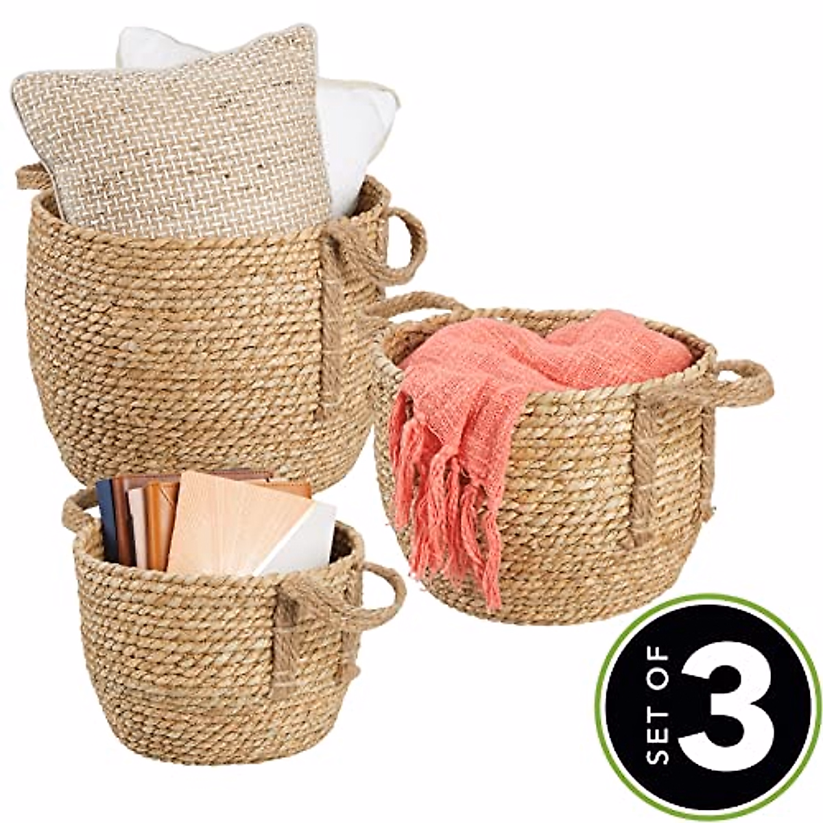 mDesign Round Braided Seagrass Woven Storage Basket with Jute Handles - Rope Weave Circle-Shaped Basket Bin for Shoe Storage in Entryway, Organizing Playroom Toys, and Laundry - Set of 3 - Natural