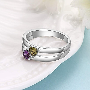 Ashleymade Heart Promise Rings for Her Personalized 2 Names 2 Simulated Birthstone Mother Daughter Rings Engagement Rings for Women (Silver, 9)
