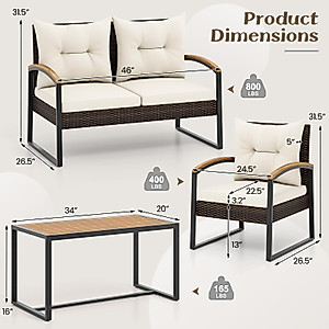 Tangkula 4 Piece Patio Conversation Set, with Heavy Duty Solid Acacia Wood Armrests & Tabletop, Outdoor Cushioned Wicker Furniture Set for Backyard, Poolside, Lawn, Blacony (1, Off White)