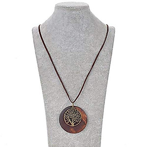 SIVITE Vintage Bronze Tree of Life with Wood Pendant Necklace Long Leather Chain Wooden Necklace for Women