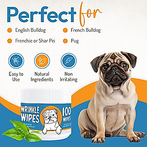 Wrinkle Wipes for Dogs - 100 Count Dog Wrinkle Wipes French Bulldog, English Bulldog, Pugs - 3.15 in Large Bulldog Face Wipes - Cleaning & Soothes on Wrinkles, Folds, Tail Pockets
