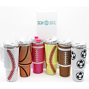 SEM LIFE 40 Oz Rhinestone Bling Tumbler Cup with Handle and Straw (FOOTBALL), Stainless Steel and Double Wall Insulated, Stand Out and Shine at Parties, Ball Games, Tailgating, Office, Daily Life