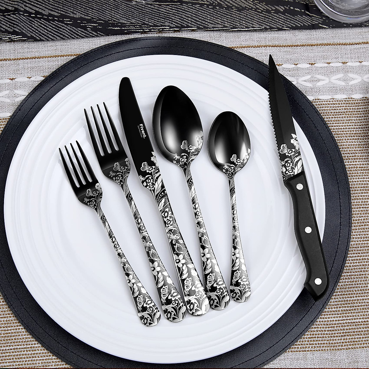 Fivent 24-Piece Black Butterfly Silverware Set, Service for 4, Stainless Steel Flatware Set with Steak Knives, Mirror Polished Cutlery Set, Hand Wash Recommended…