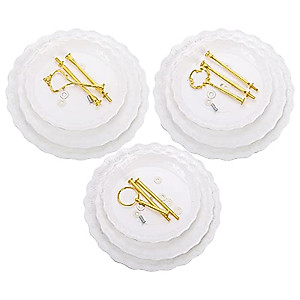 Tosnail 3 Pack 3 Tiers White Plastic Cupcake Stand Dessert Stand Tiered Serving Trays with 3 Styles Gold Rod, Party Serving Trays Fruit Pastry Holders for Wedding and Party - Heart and Flower Embossed