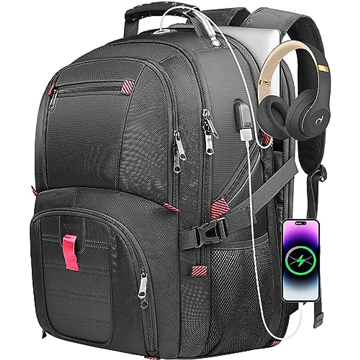 Extra Large Travel Backpack, 45L Large Laptop Backpacks for Men, Big Capacity Laptop Computer College Backpack TSA Airline Approved Business Work Bag With USB Charging Port, Gifts For Him Men, Black