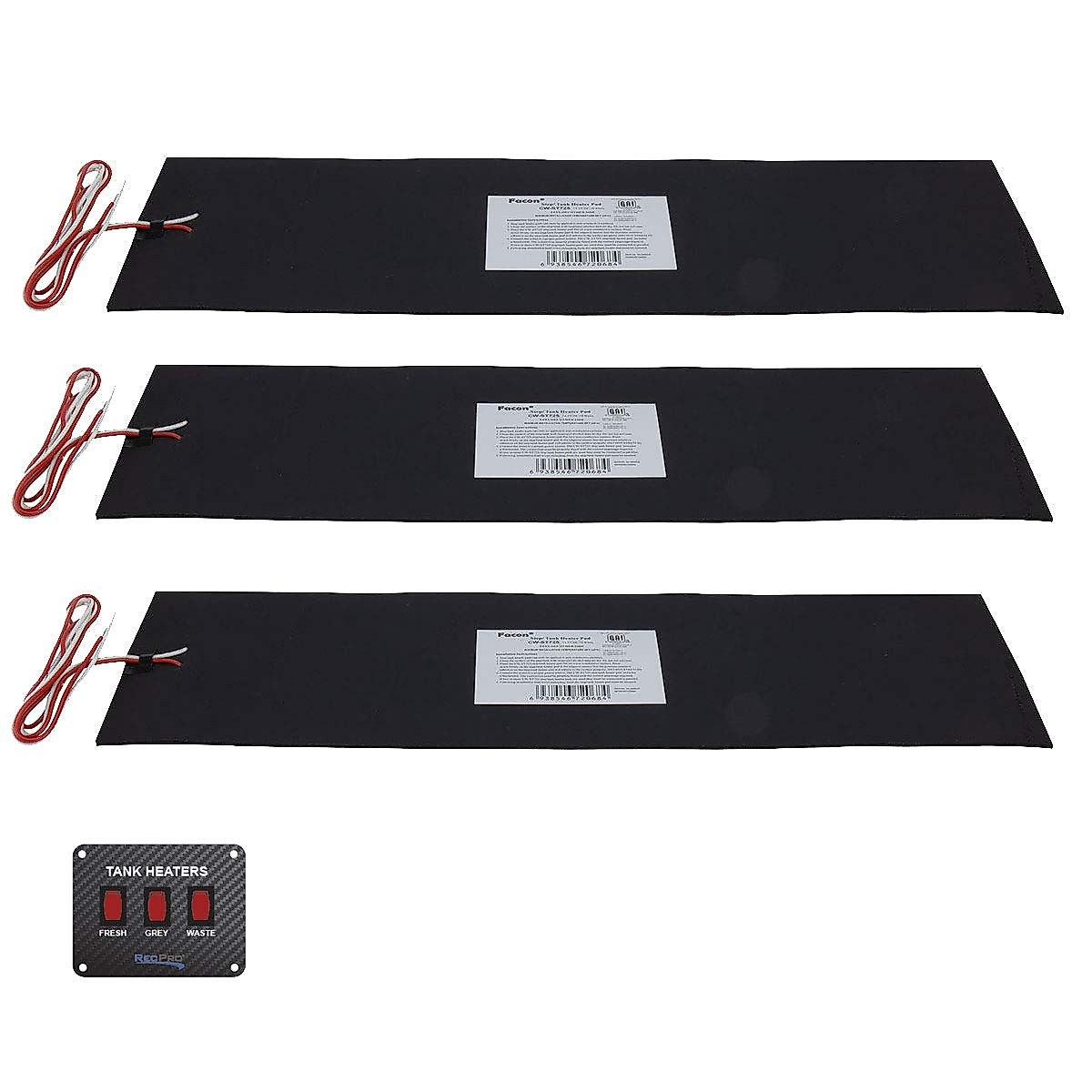 RecPro RV Tank Heater Pad | 7 1/4" x 25" | Fresh Water | Gray Water | Holding Tank | Up to 50 Gallons | 12V | with Optional Toggle Switch (3 Pads, with Toggle Switch)