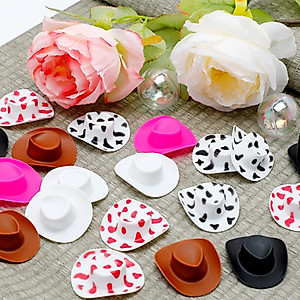 Gaprumi 50 Pcs Mini Plastic Cowboy Hat Western Style Tiny Cowboy Hat for DIY Crafts Bottle Decoration Party Supplies (Pink,White,Black,Brown,Cow)