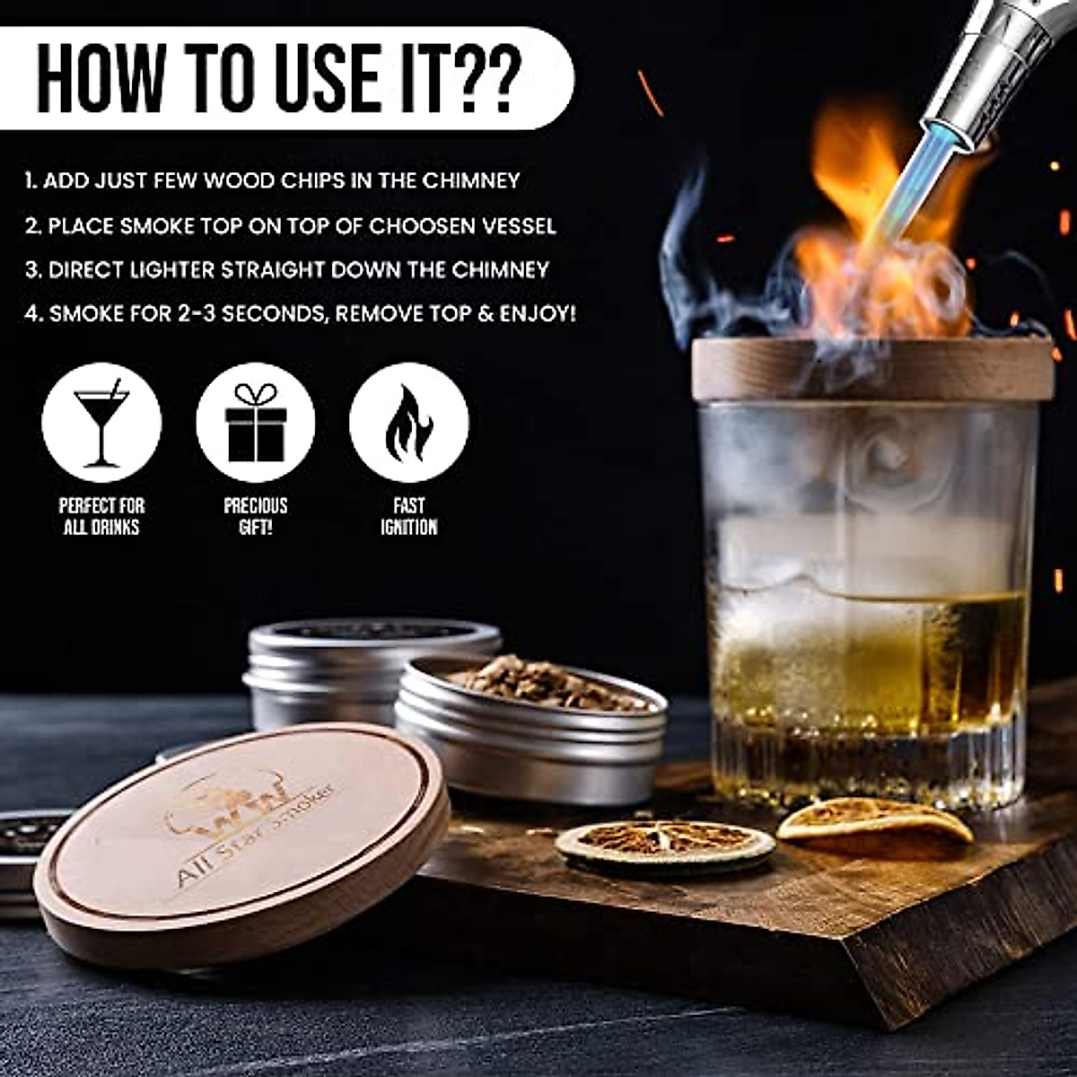 All Star Smoker Wooden Cocktail Smoker Kit with Torch - 8 Wood Chips for Smoker - Smoke Cocktail Kit - Drink Smoker for Whiskey - Bourbon Smoker Kit for Drinks - Old Fashioned Smoker Kit (No Butane)