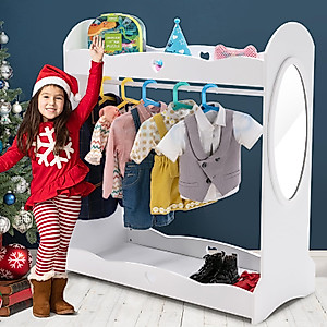 JOYLDIAS Kids Dress Up Storage with Mirror, Kid Armoire W/Side Hook Pockets, Pretend Storage Closet for Kids, Costume Dress-up Wardrobe W/Top Shelf Shoes Storage for Bedroom Girls Room, White