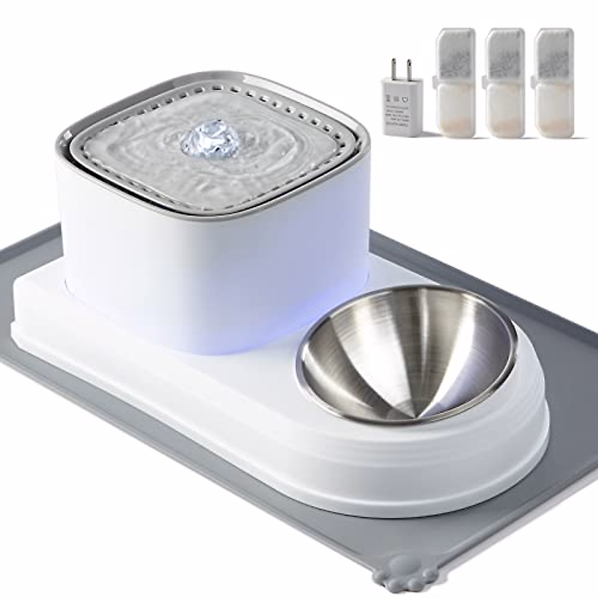 Cat Water Fountain and Food Bowl 3l/Utomatic Pet Fountain Dog Water Dispenser Cat Water Fountain Ultra-Quiet Pump 3 pcs Filter Waterproof matLED Light Cat Feeding and Watering Supplies