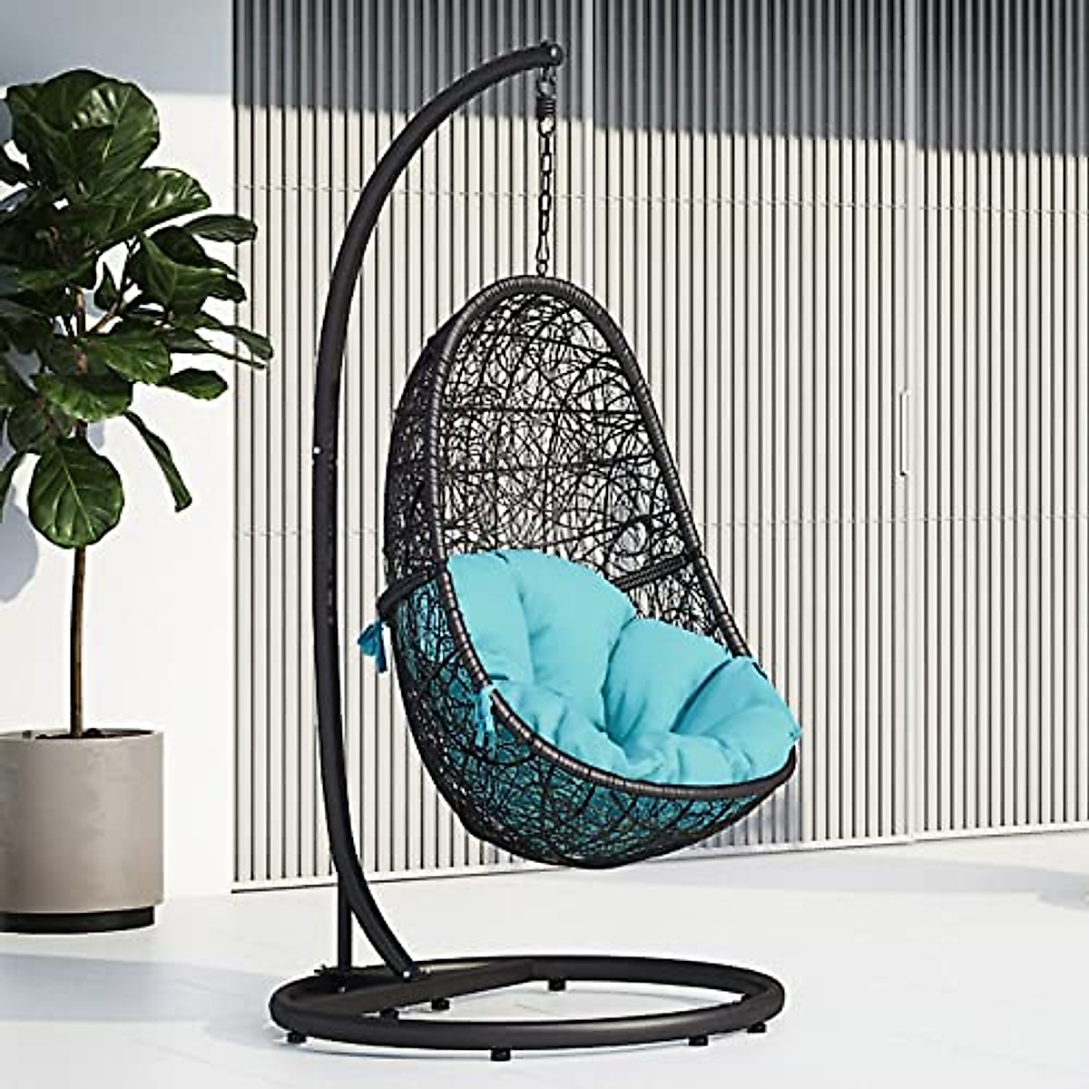 Zuri Furniture Modern Reef Black Basket Swing Chair Teal Cushion with Stand