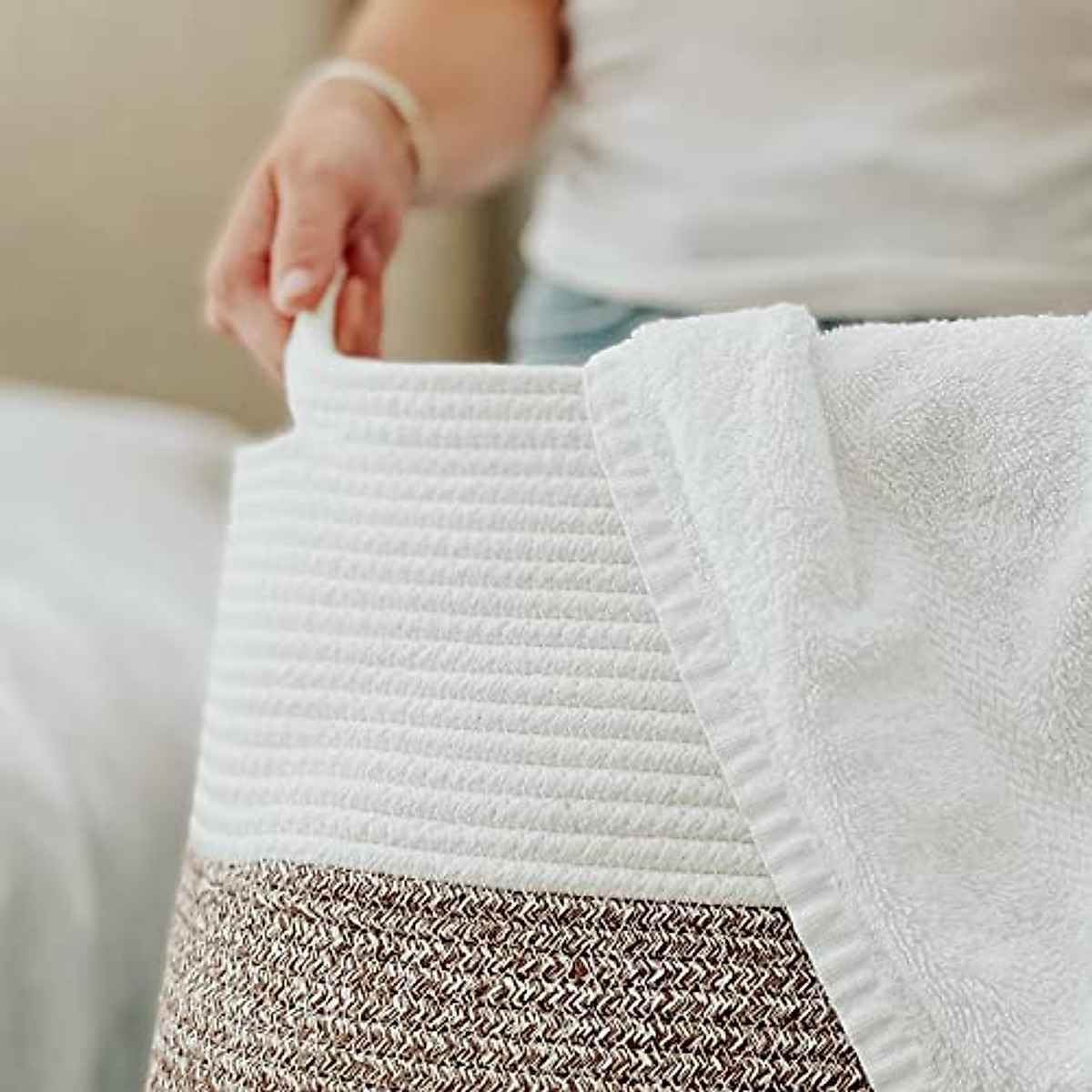 Goodpick Tall Laundry Hamper | Woven Jute Rope Dirty Clothes Hamper Modern Hamper Basket Large in Laundry Room, (White & Brown, 25.6 x 17.71 Inch)