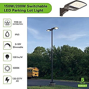 hykolity 150W/200W Switchable LED Parking Lot Light, 150LM/W LED Street Lighting with Dusk to Dawn Photocell [400W-600W HPS Equiv.] 5000K 100-277V, Commercial Adjustable Arm Mount LED Shoebox Light