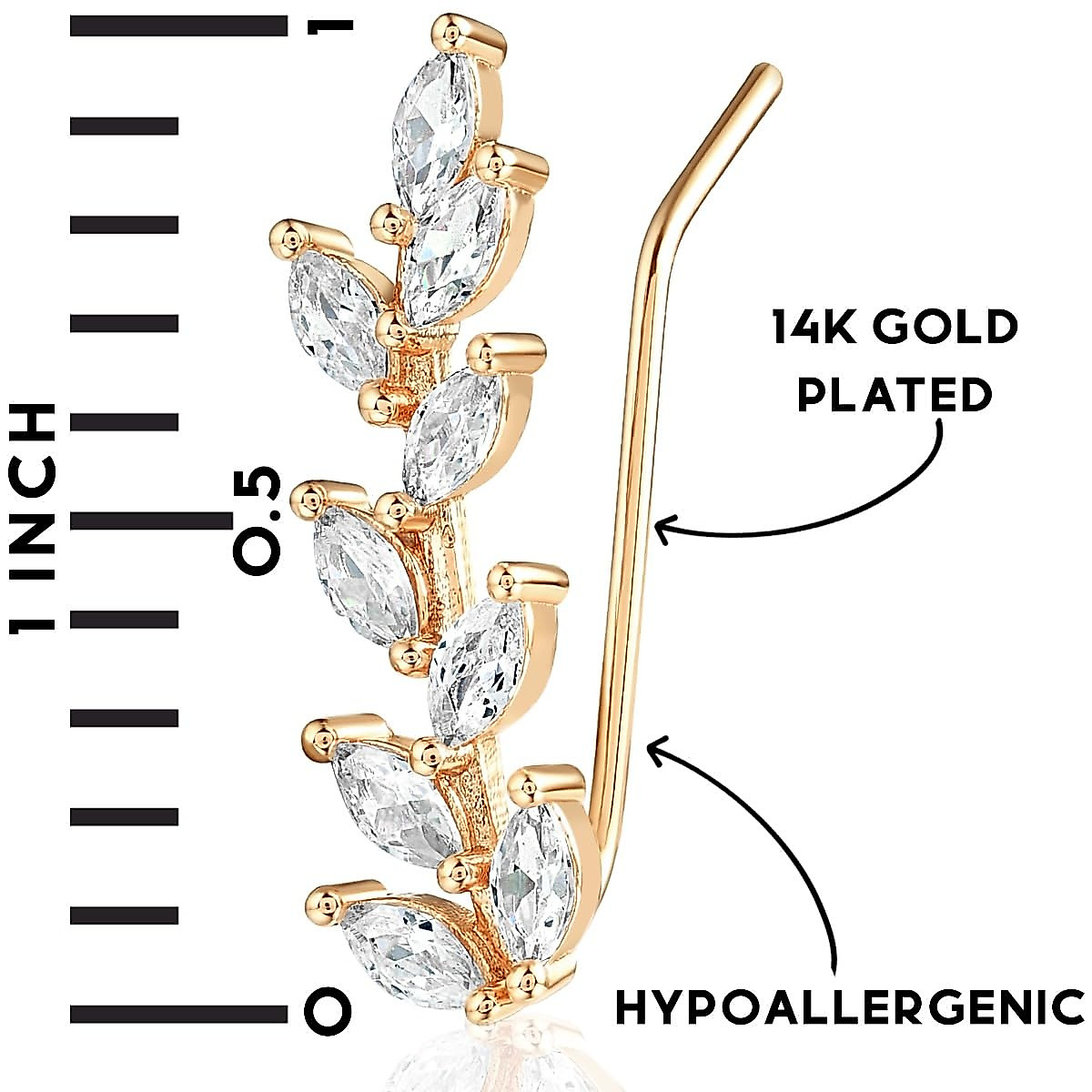 Humble Chic Ear Climber Earrings for Women, Gold Ear Cuff Earrings, Hypoallergenic Gold Dainty Earrings, Climbing CZ Crystal Gold Earrings, Leaf Ear Crawler Stud, Gold Flower Earrings, 14K Gold Plated