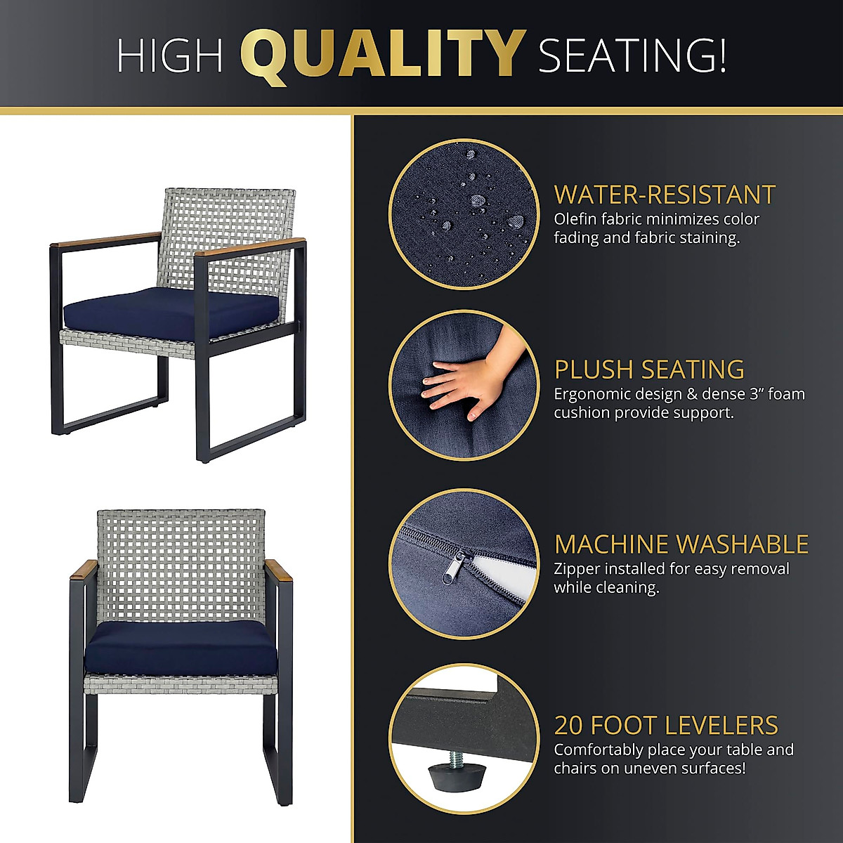 Kinger Home Keaton 4-Piece Outdoor Rattan Furniture Set with Teakwood Accents, Sofa, 2 Armchairs, Glass Coffee Table