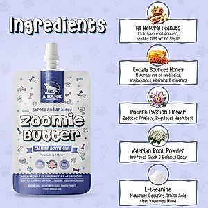 Zoomie Butter Stress & Anxiety Dog Peanut Butter Squeeze Supplement, All Natural Calming Dog Treat. Human Grade & Safe Puppy Food, Passion Flower for Separation Anxiety, Behavior Aid, USA Grown & Made