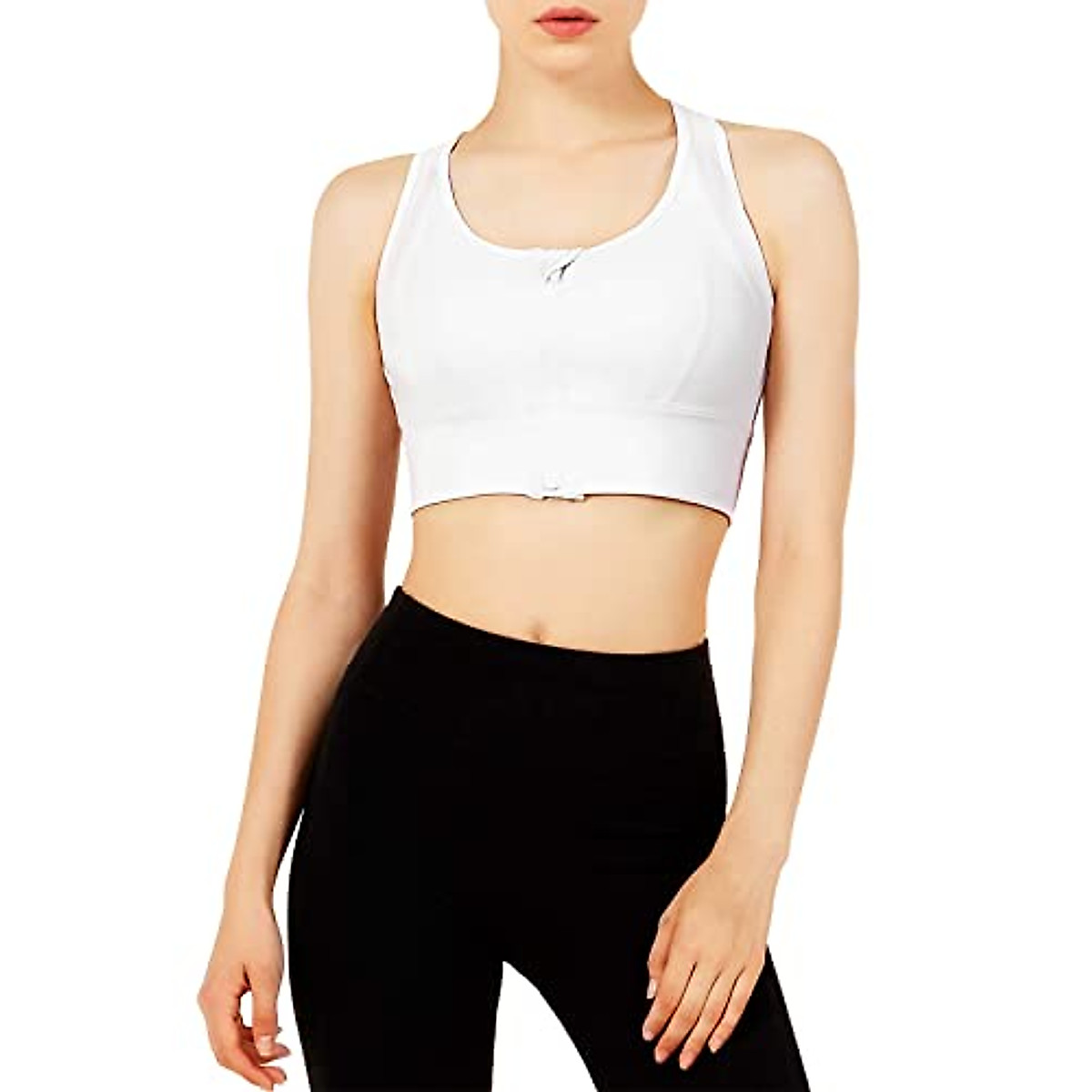 Yvette High Impact Sports Bra - Zip Front Full Coverage Sports Bras for Plus Size Women White