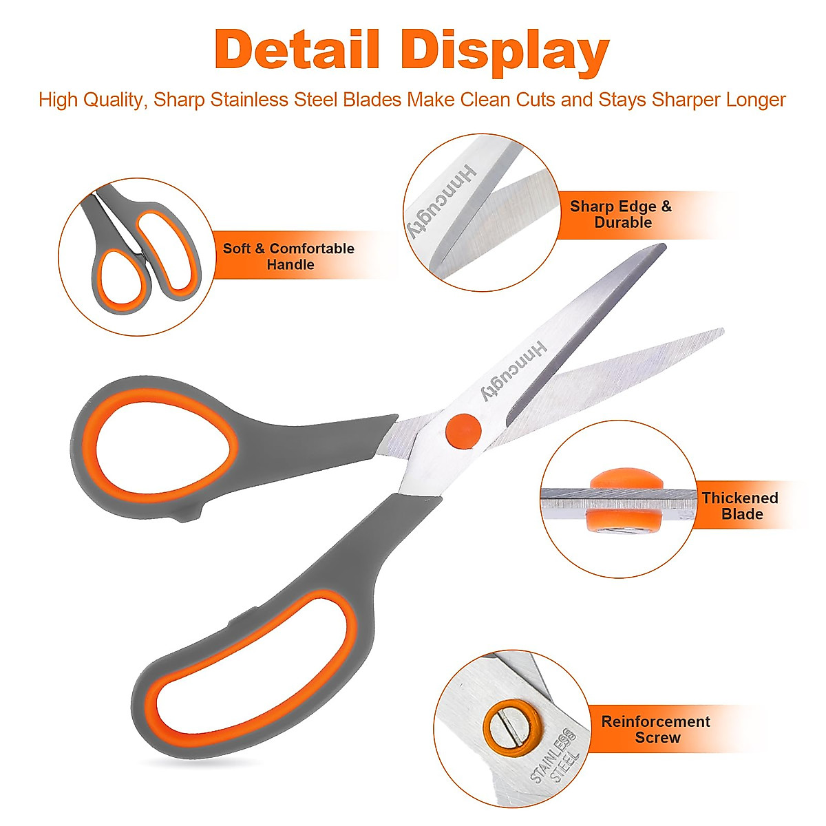 Scissors for Office School Supplies, Hnncugty 8" Scissors All Purpose Bulk Set of 6-Pack, Sharp Scissors for Student Teacher Scissors Home Craft Sewing Fabric Scissors, Comfort Grip, Right/Left Handed