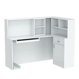 FAMAPY Modern Reception Desk Front Desk Reception Counter, Large Storage Shelves and Drawers, Retail Counter for Reception Room White