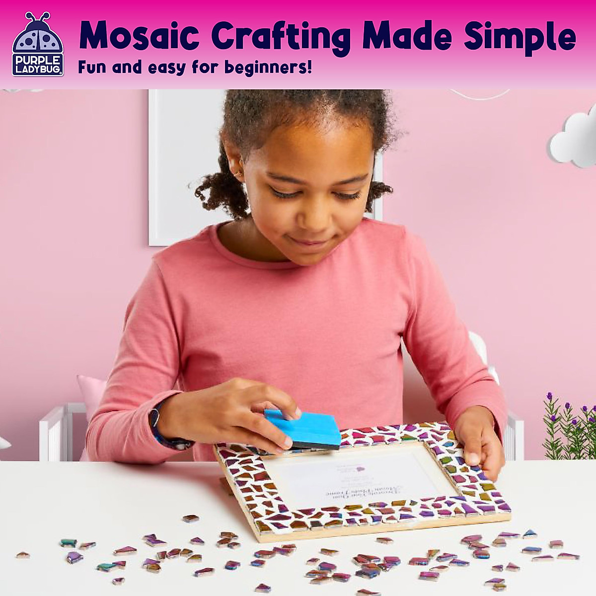PURPLE LADYBUG Decorate Your Own Picture Frame Craft Kit – Easter Craft for Kids Ages 8-12, Birthday Gift & DIY Mosaic Frame Craft for Girls Ages 6-8, Fun Arts & Crafts for 7-Year-Old Girls
