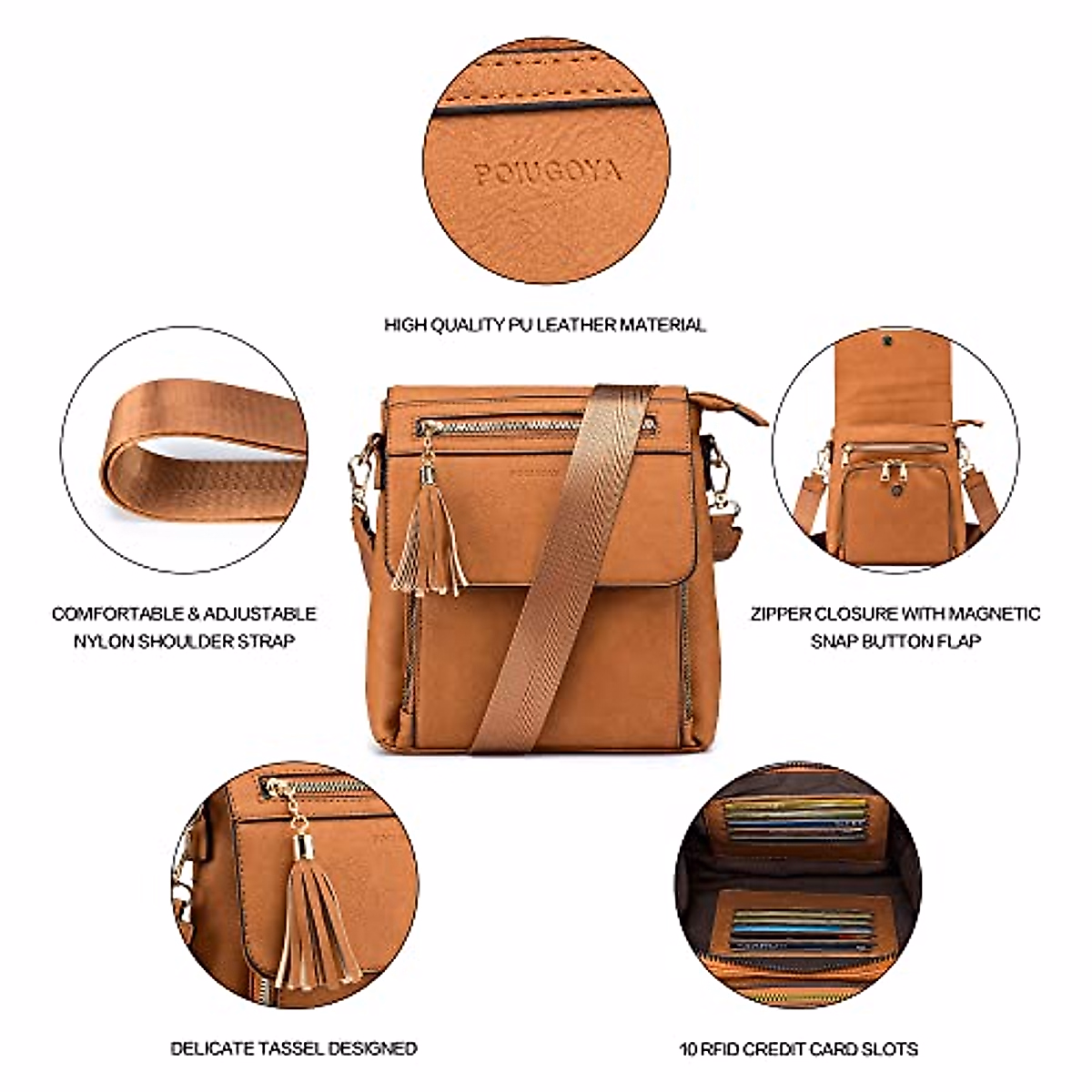 POIUGOYA Crossbody Purses for Women,Leather Medium Shoulder Bag Travel Purses Lightweight with Adjustable Strap and Tassel