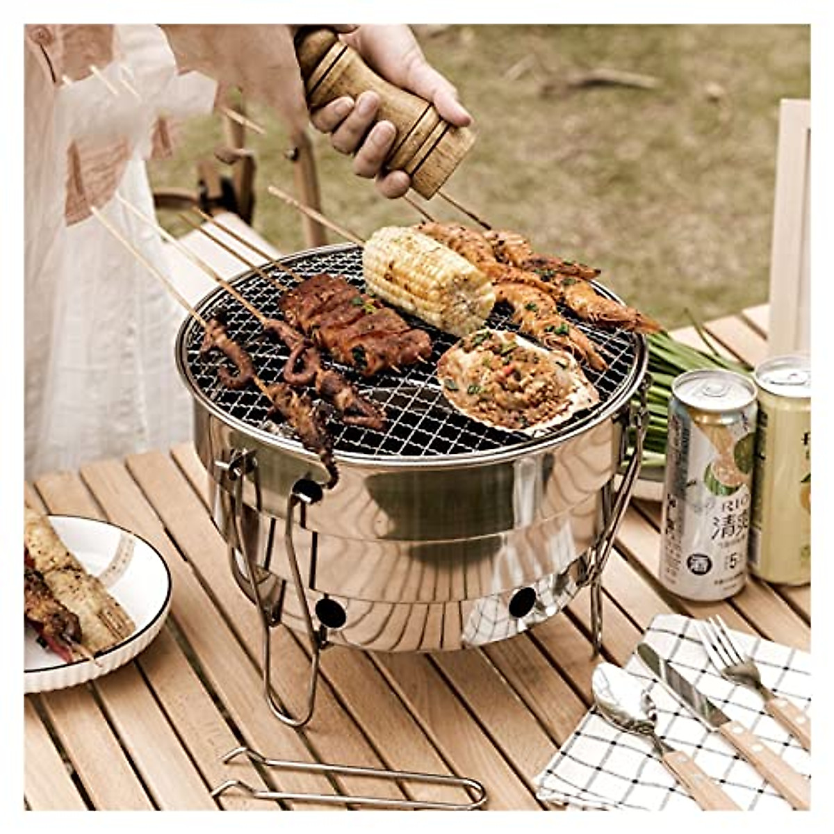 Outdoor BBQ Stainless Steel Barbecue Grill Foldable Portable Stainless Steel Even Heat Sunken Charcoal Trough Charcoal Grill Backyard Patio Garden Picnic