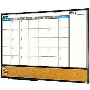 XBoard Dry Erase Calendar Whiteboard 36 X 24 - Combo White Board Calendar Monthly, Magnetic White Board + Corkboard with Black Aluminum Frame, 10 Colorful Push Pins & Marker Tray Included