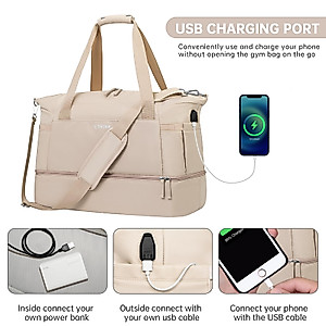 ETRONIK Gym Bag for Women, 55L Travel Duffel Bag with USB Charging Port, Weekender Overnight Bag with Wet Pocket and Shoes Compartment for Women Travel, Large Size (Khaki)