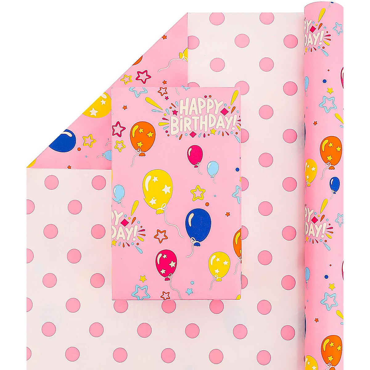 AUCLAY Reversible Birthday Wrapping Paper for Girls Kids Baby Shower - Cute Happy Birthday Lettering Balloon in Pink and Polka Dots Design - Gift Wrap Paper Roll, 17.7 Inch Wide
