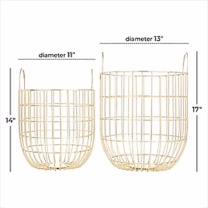 Deco 79 Contemporary Metal Round Storage Basket, Set of 2 13", 11"W, Gold