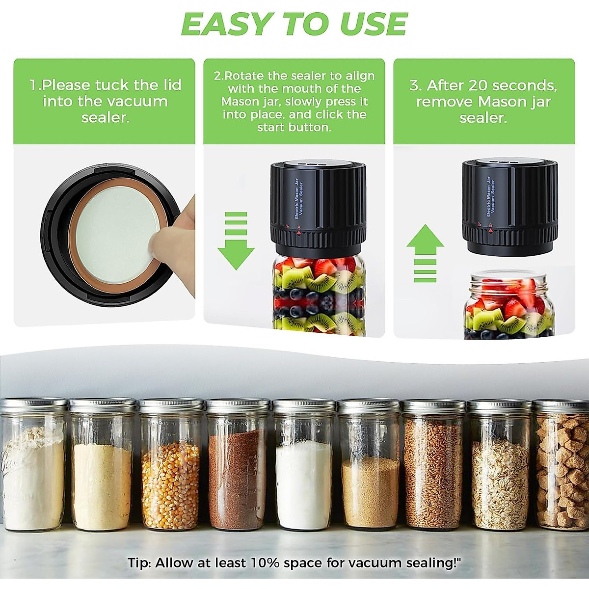 YANOY 𝗔𝗨𝗧𝗢 𝗦𝗧𝗢𝗣 Mason-Jar-Vacuum-Sealer for Mason Genie(Vacuum Sealer Kit for Wide and Regular Mouth Canning Jar Lids) Ever Jar Vacuum Sealer for Mason Jars Canning Supplies Food Storage