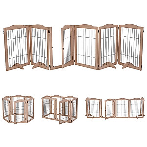 Arf Pets Freestanding Dog Gate with Door, 6 Panel 360° configurable Wooden Wire Fence, 132" Wide, 31.5" Tall, Foldable, Five Support Feet Included, for The House - Indoor Use