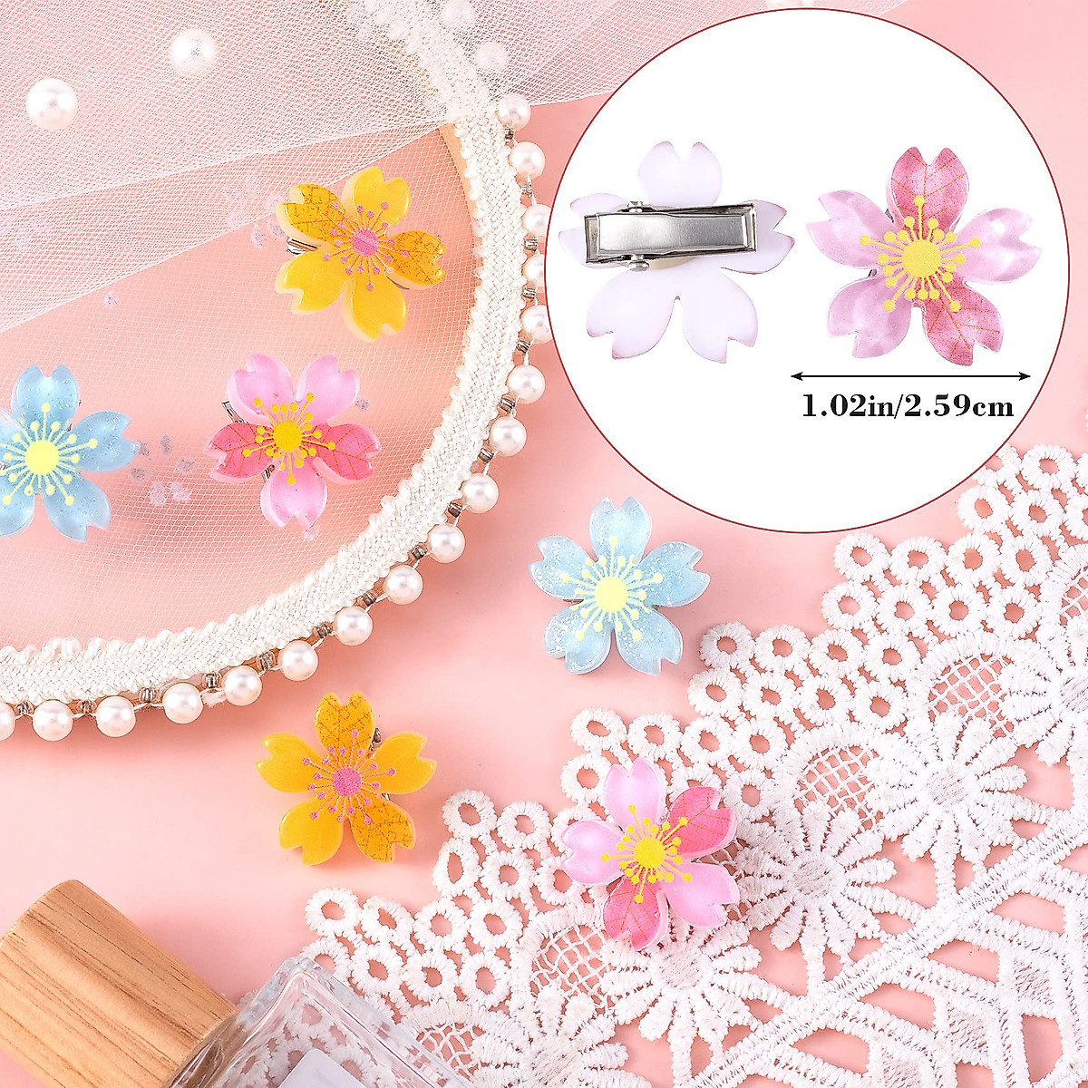 HINZIC 30Pcs Mini Flower Hair Clips Cherry Blossom Claw Clips Cute Flower Hair Pins Small Hair Barrettes Decorative Wedding Prom Valentines Hair Accessories for Teen Girls Women (Pink Yellow Blue)