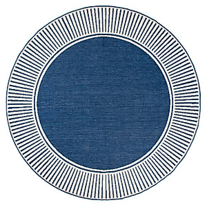 nuLOOM 7' Round Outdoor Area Rug, Casual Design With Striped Border, Stain Resistant, Highly Durable, For Patio, Balcony, Bedroom, Living Room, Dining Room, Bathroom, Navy