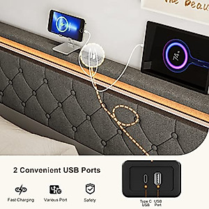 IKIFLY Upholstered King Size Headboard with 2 USB Ports & LED Lights - Adjustable Height - Button Tufted Padded Linen Fabric Headboard, Easy Assembly, King Headboard Only for Bedroom - Dark Grey