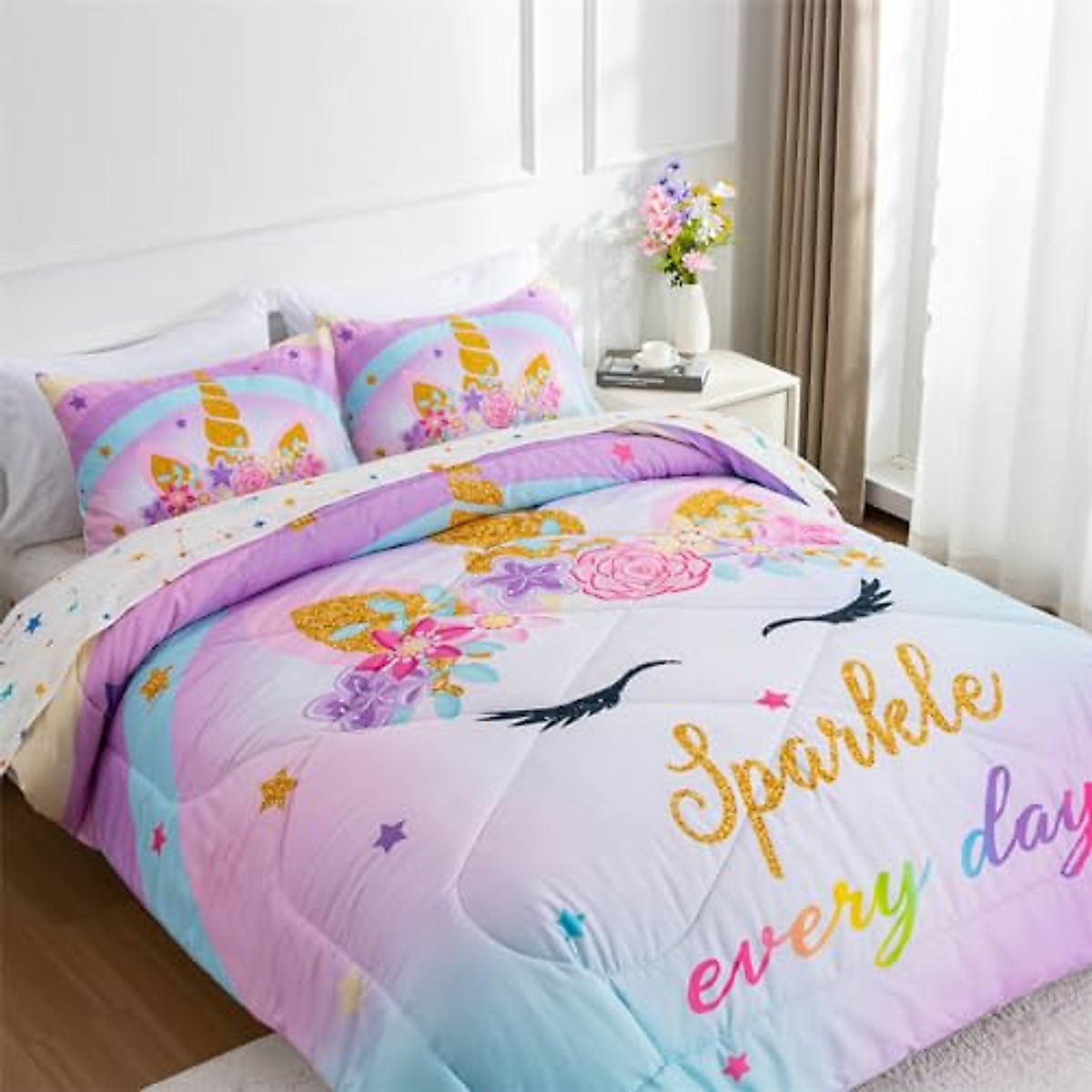 NTBED Unicorn Twin Comforter Set with Sheets,5 Pieces Kids Bedding Sets for Girls, Lightweight Microfiber Star Rainbow Bed in a Bag,Blue Purple