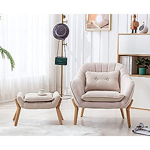 Lei Yu Shunzhi Wood Armchair with Ottoman Mid Century Modern Upholstered Barrel Chair Tufted Living Room Comfy Reading Lumbar Pillow Cushion Leisure Sofa Corner for Small Place, Beige